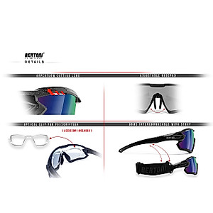 Bertoni Sport Sunglasses Cycling MTB Running Ski Golf Removable Sport Prescription Carrier Included mod. Quasar (Black/Green Mirror)