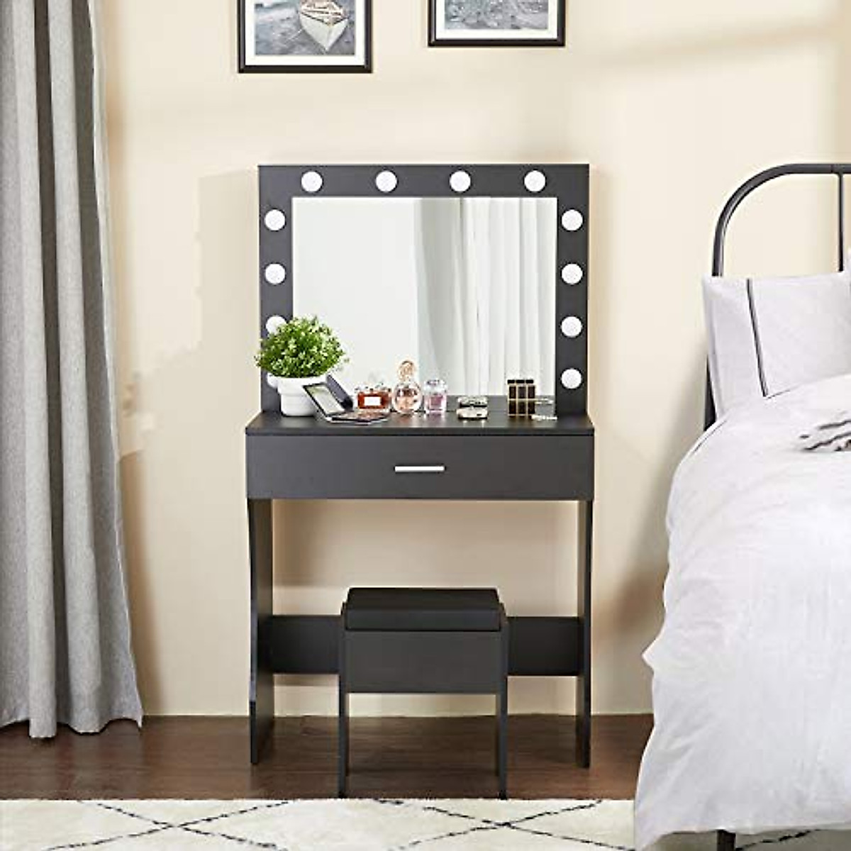 Vanity Table Set with Lighted Mirror, Makeup Vanity Desk for Girls Women, Larger Drawer and Cushioned Stool with Extra Storage Space