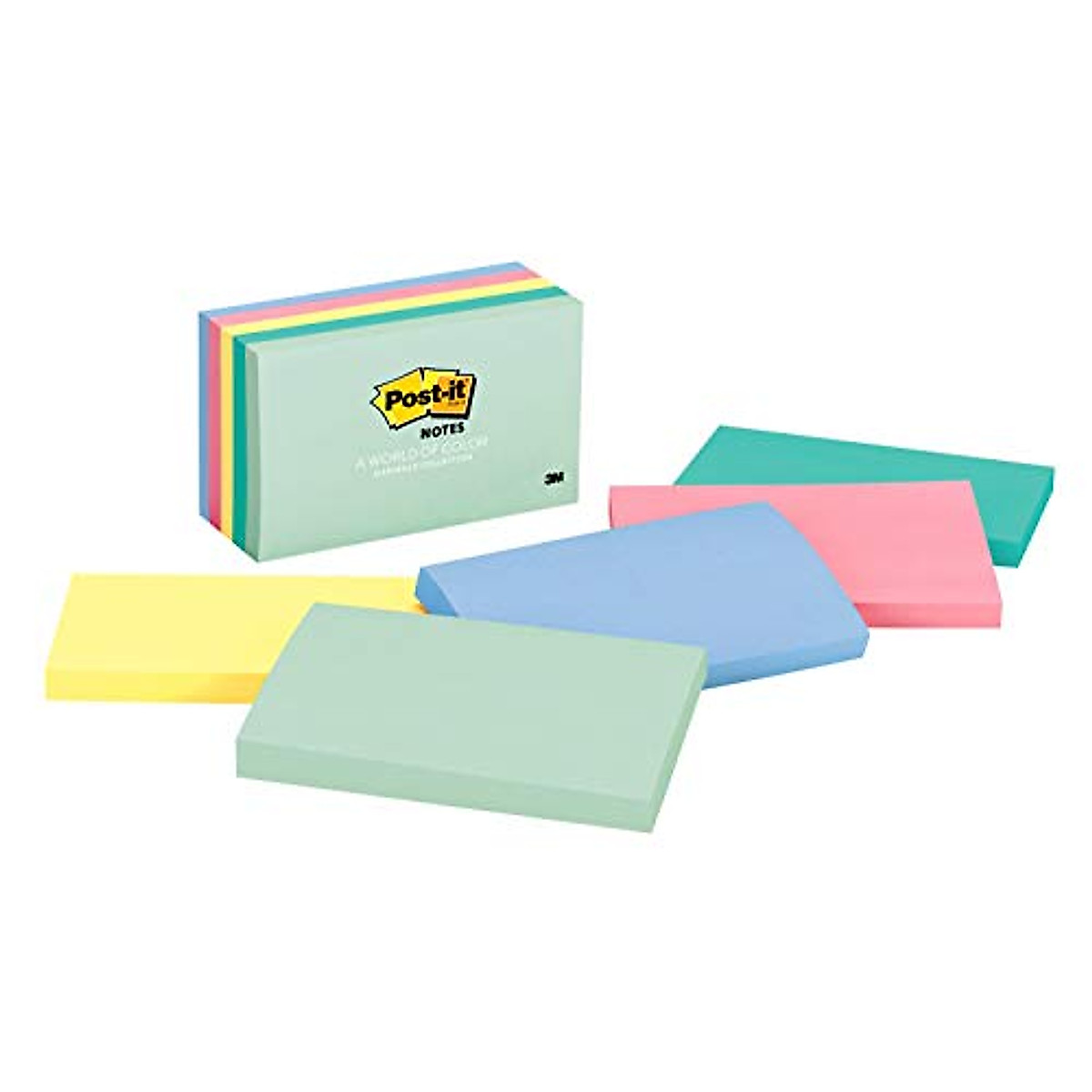 Post-it Notes, 3x5 in, 5 Pads, America's #1 Favorite Sticky Notes, Marseille Collection, Pastel Colors (Pink, Mint, Yellow), Recyclable (655-AST)