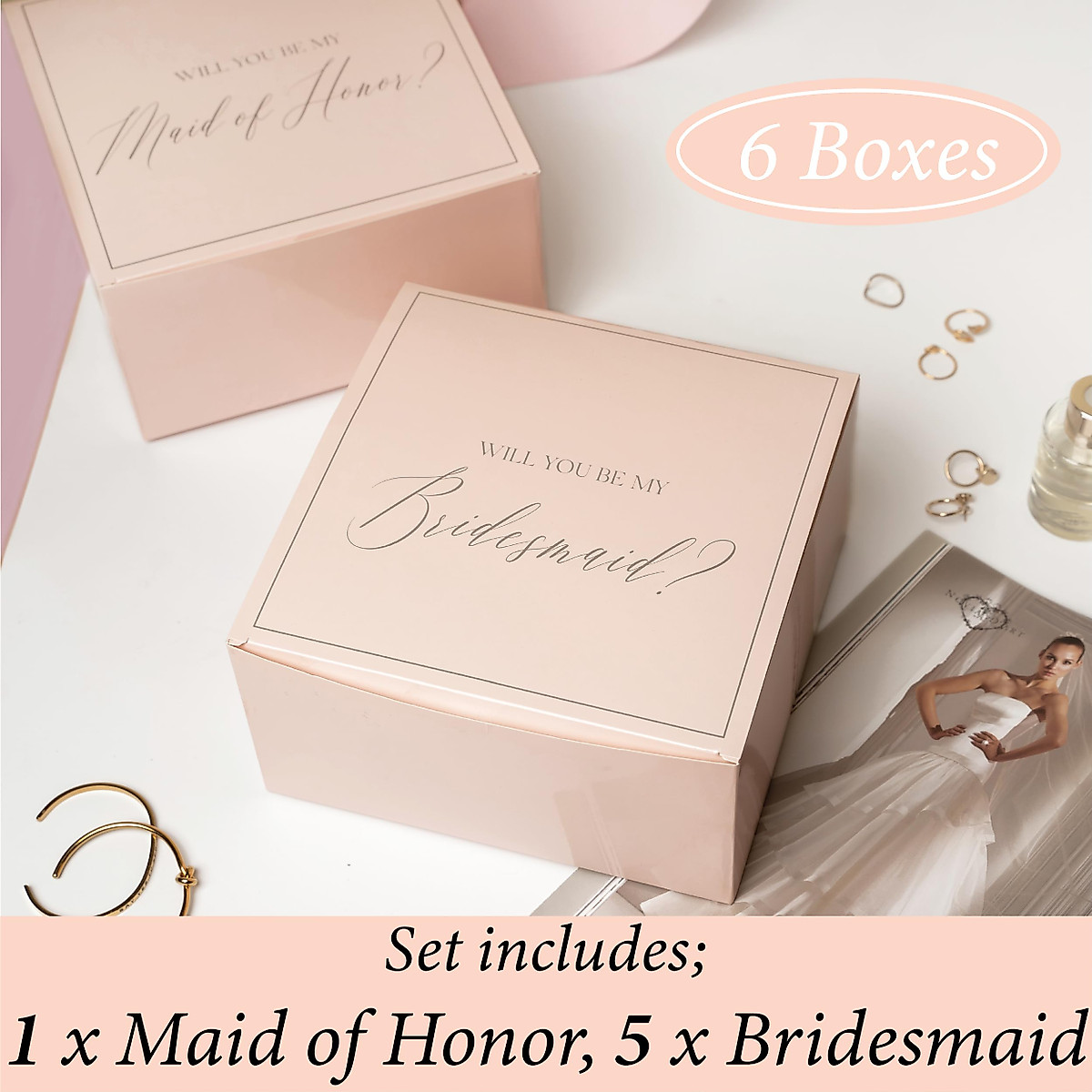 Bridesmaid Proposal Box Set of 6 I 5 Pink Will You Be My Bridesmaid Boxes & 1 Will you Be My Maid of Honor Gifts Box I Bridesmaid Boxes for Proposal I Bridesmaid Gift Box for Bridesmaid Proposal Gifts