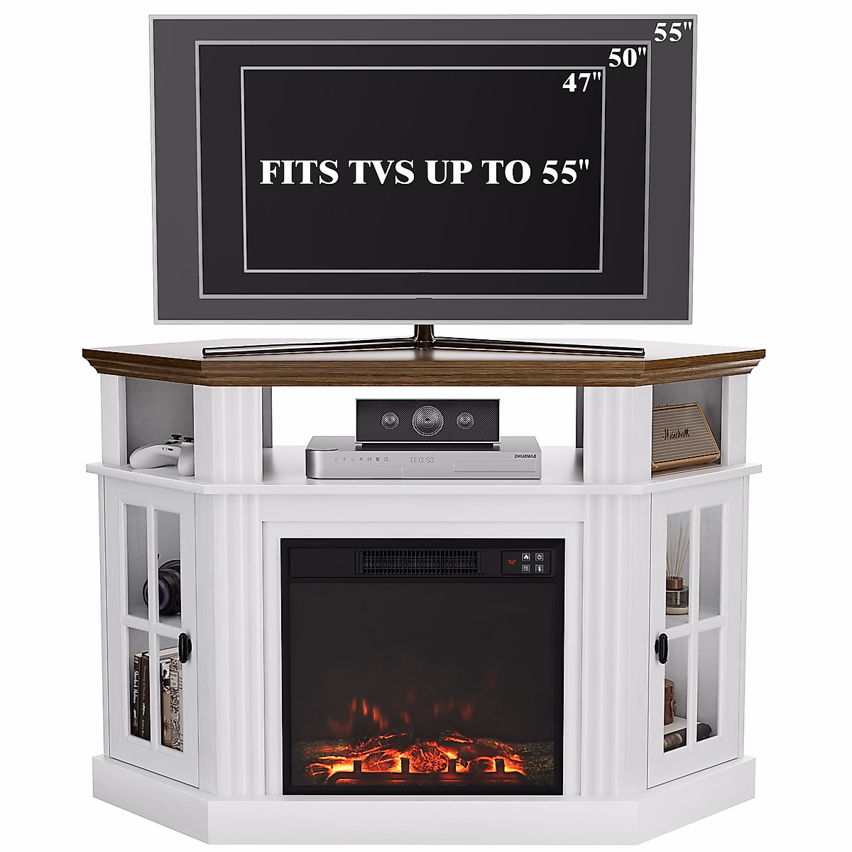Furmax Fireplace Corner TV Stand for TV Up to 55 Inch, Modern TV Console with 18 Inch Electric Fireplace, Entertainment Center with Open Shelf and Storage Cabinets for Living Room, Antique White