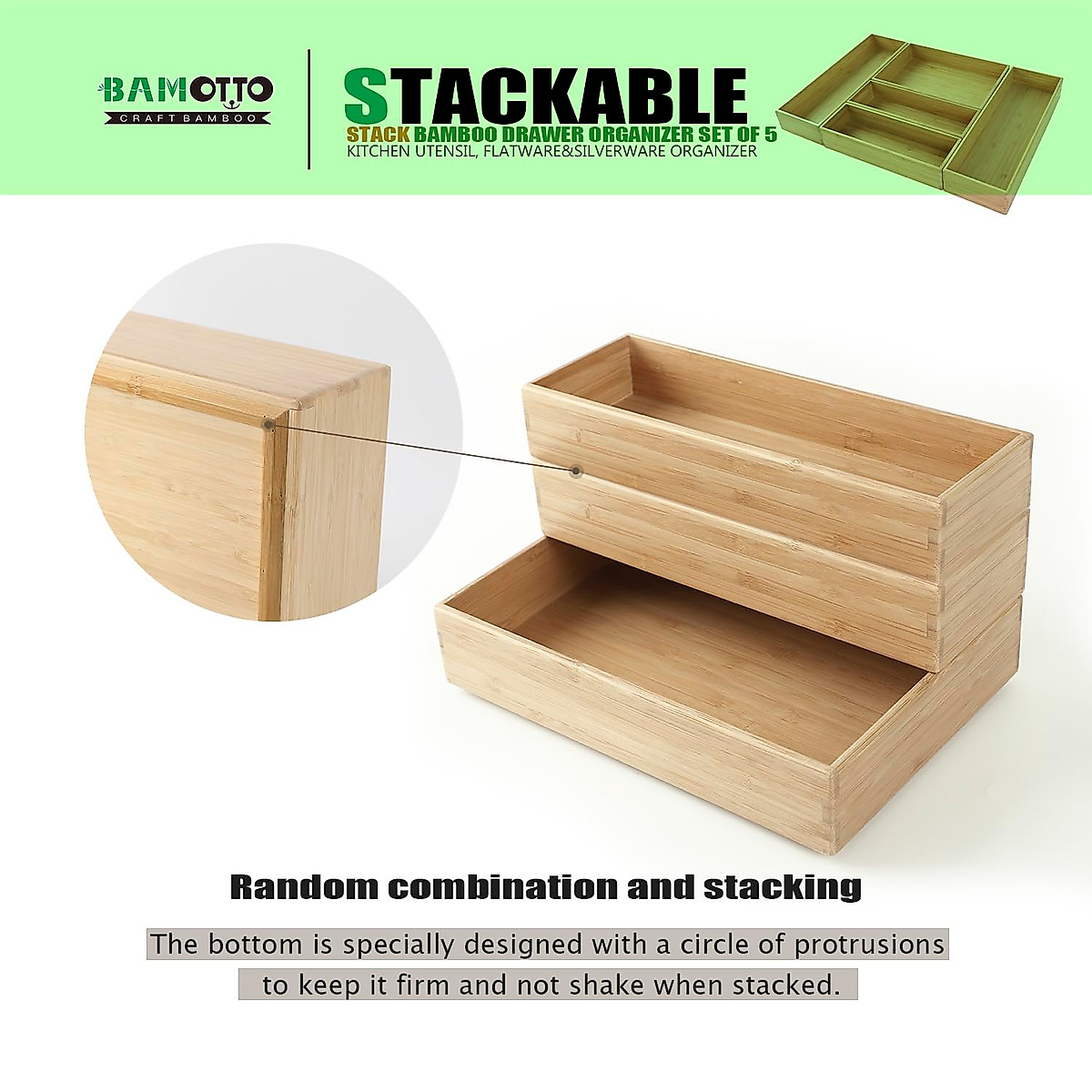 BAMOTTO Stack Bamboo Drawer Organizer Set of 5, Kitchen Utensil, Flatware&Silverware Organizer-Wood Laminated Stackable Drawer Organizer for Kitchen, Bedroom, Living Room Storage Box