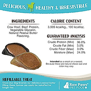 Raw Paws Pet Peanut Butter Filled Cow Hooves for Dogs, 5 Pack - Natural Beef, Free Range Cow Hooves with Peanut Butter for Dogs - Dogs Peanut Butter Treats - Stuffed Cow Hoof Dog Chews Peanut Butter