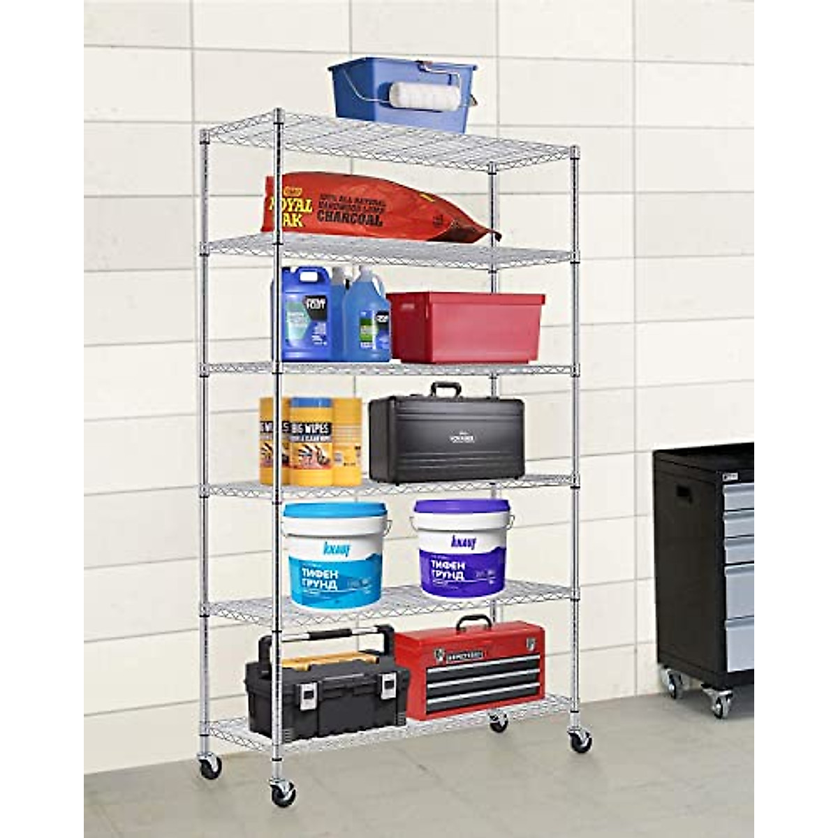 FDW 18x48x82 inch Wire Shelving Unit with Wheels Steel 6 Tier Heavy Duty Layer Rack Storage Metal Shelf Garage Organizer Wire Rack Shelving Adjustable Utility 2100 LBS Capacity,Chrome