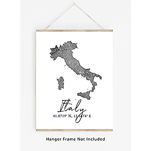 Italy Map Wall Art Print - 8x10 Silhouette Decor Print with Coordinates. Makes a Great Italian-Themed Gift. Shades of Grey, Black & White.