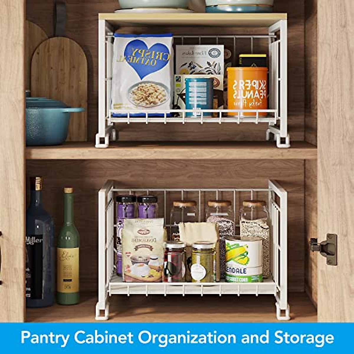 1Easylife Kitchen Counter Basket Wire Basket with Bamboo Top, 2 Tier Detachable Fruit Basket Metal Mesh Bin for Kitchen Organization and Storage, Spice Rack Organizer (White)