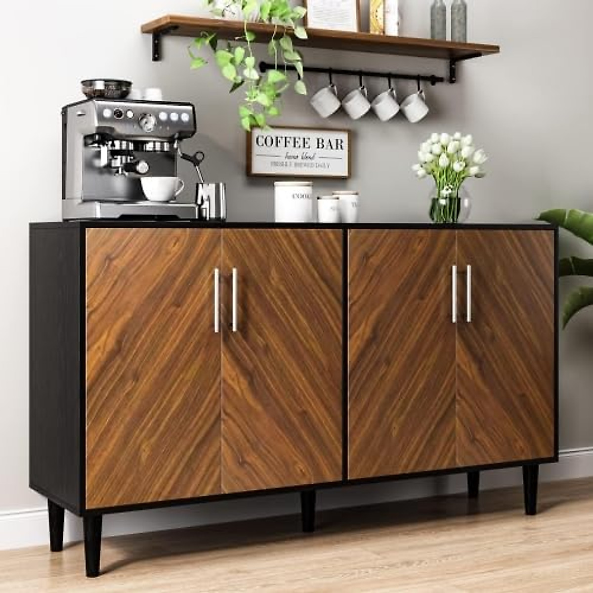 4 EVER WINNER Sideboards and Buffets with Storage, Buffet Cabinet with Storage, 4 Door Credenzas for Living Room Mid Century Modern Sideboard, 58 Inch Coffee Bar Cabinet for Dining Room Kitchen, Black