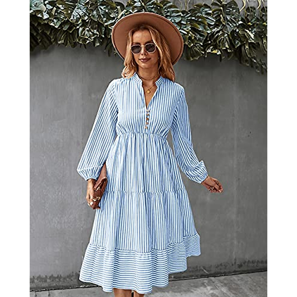 YOXUA Women's Striped Shirt Dresses Stand V Neck Midi Dress Pleated Ruffle Casual Long Sleeve Dress
