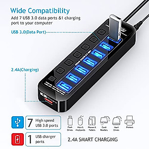Apanage Powered USB 3.0 Hub, 8 Port USB 3.0 Hub Splitter with 7 Data Ports and 1 Smart Charging Port with Individual On/Off and 5V/4A Power Adapter USB Extension for MacBook, Mac Pro…