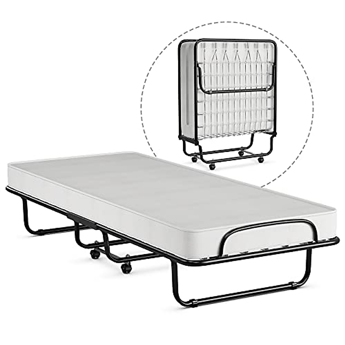 GOFLAME Folding Bed with Memory Foam Mattress, Portable Bed Cot Size with Metal Frame and Wheels for Kids and Adults, Rollaway Guest Bed for Home and Office, Made in Italy