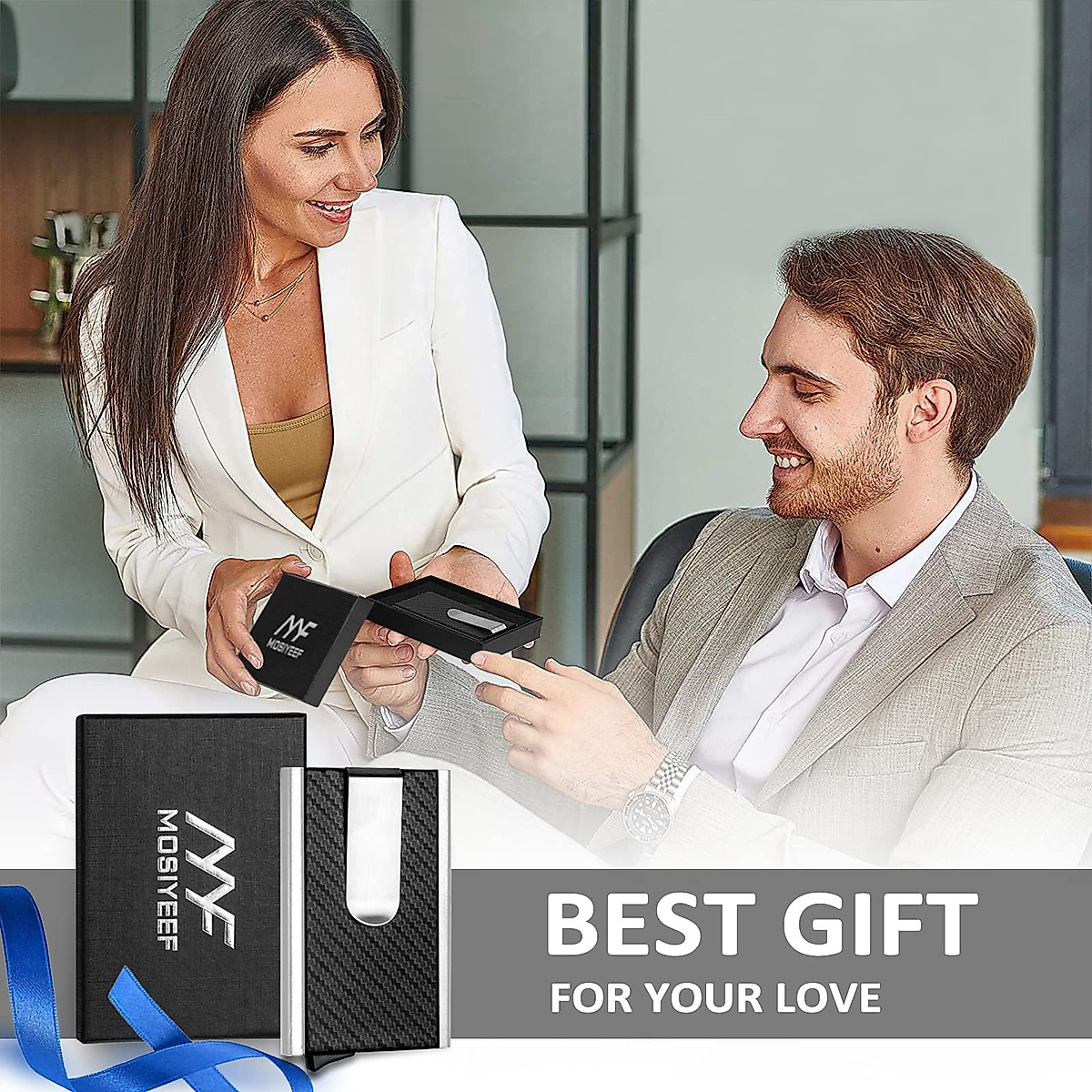 MOSIYEEF Minimalist Wallet for Men, RFID Blocking Card Wallet with Money Clip, Leather Wrapped, Slim Front Pocket Automatic Pop Up Wallet, Silver