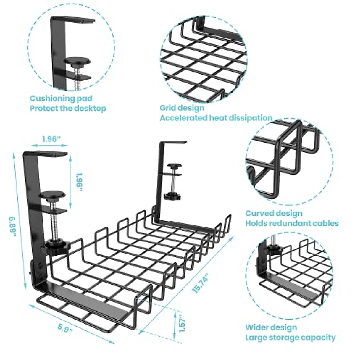 Under Desk Cable Management Tray 1 Pack, 15.7'' No Drill Under Desk Cable Organizer with 8 Color Cable Labels, Steel Cable Management Tray for Office Desks, Black