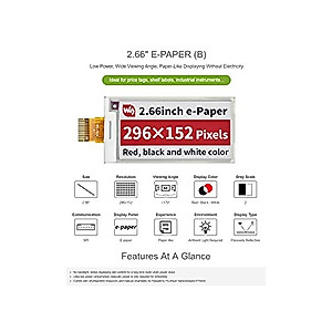 waveshare 2.66inch E-Paper E-Ink Raw Display Compatible with Raspberry Pi 4B/3B+/3B/2B/B+/A+/Zero/Zero W/WH/Zero 2W Series Boards 296×152 Pixels Red/Black/White Three-Color SPI Interface Without PCB