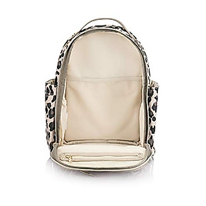 Itzy Ritzy Chic Mini Diaper Bag Backpack Made of Printed Polyester with Vegan Leather Changing Pad, 8 Total Pockets (4 Internal + 4 External), Handle & Rubber Feet, Leopard