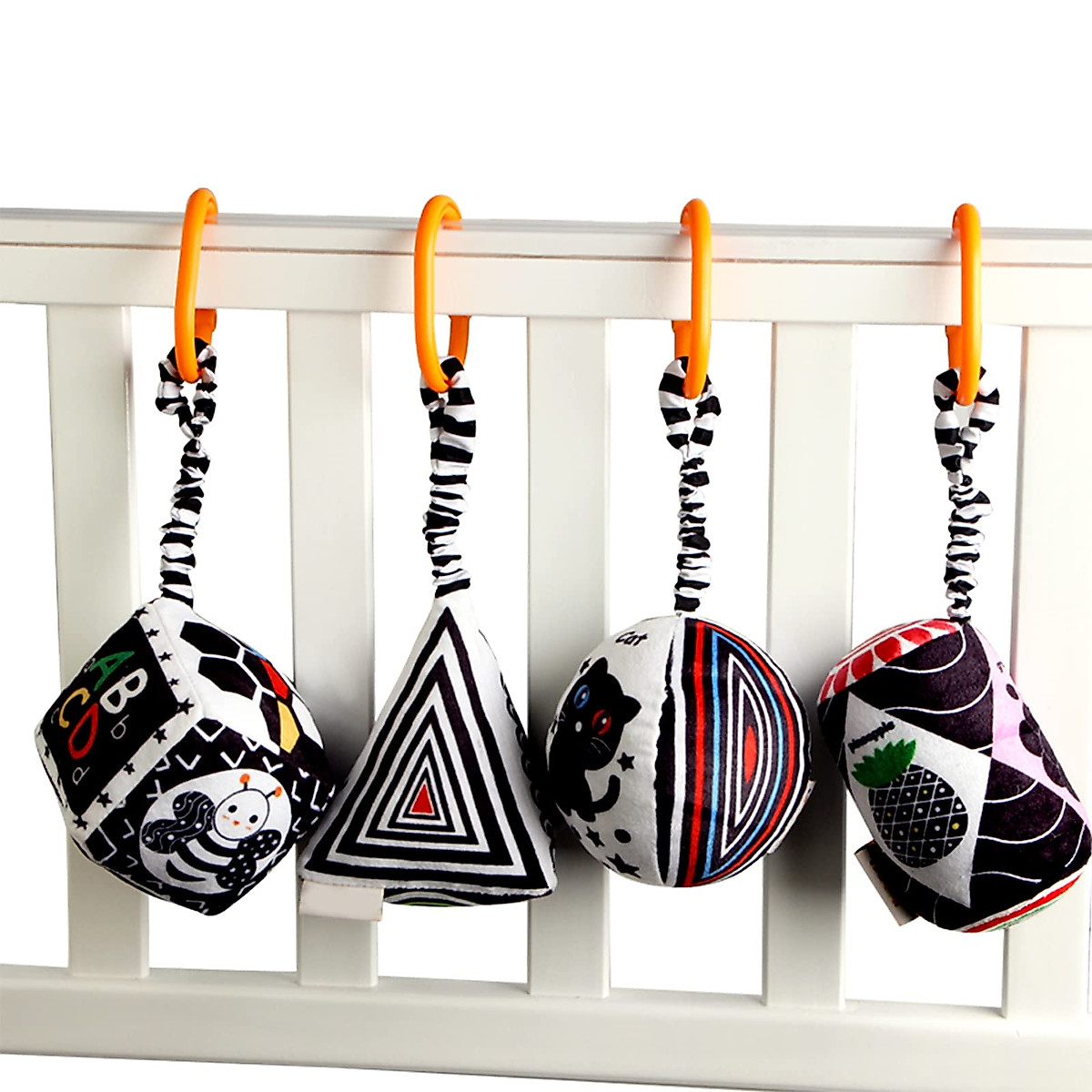 KAKIBLIN Baby Hanging Rattle Toys, 4 Pack Black and White Car Seat Baby Toys Soft Squeaky Stroller Toy for Baby Montessori Sensory Toys 0-12 Months for Newborn Infant, White and Black