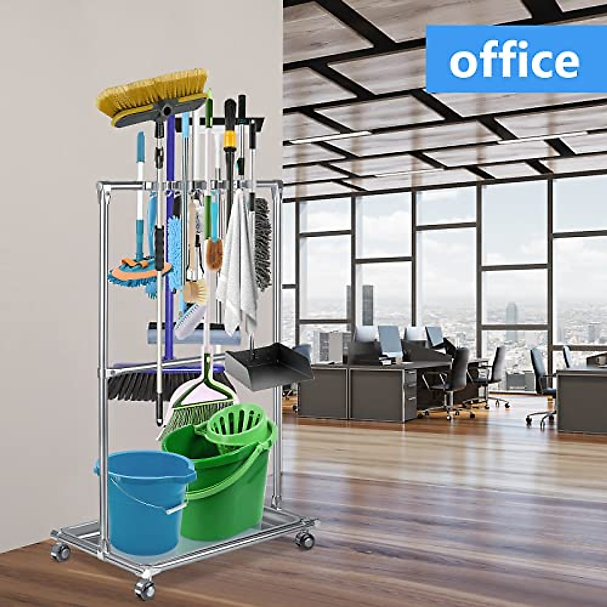 Broom Holder Organizer Movable Closet Storage Cabinet Mop Rack Floor Standing Cleaning Tool Cart For Garden Garage Schools Hotels Hospitals Factories Property Companies Restaurant (10 Racks)