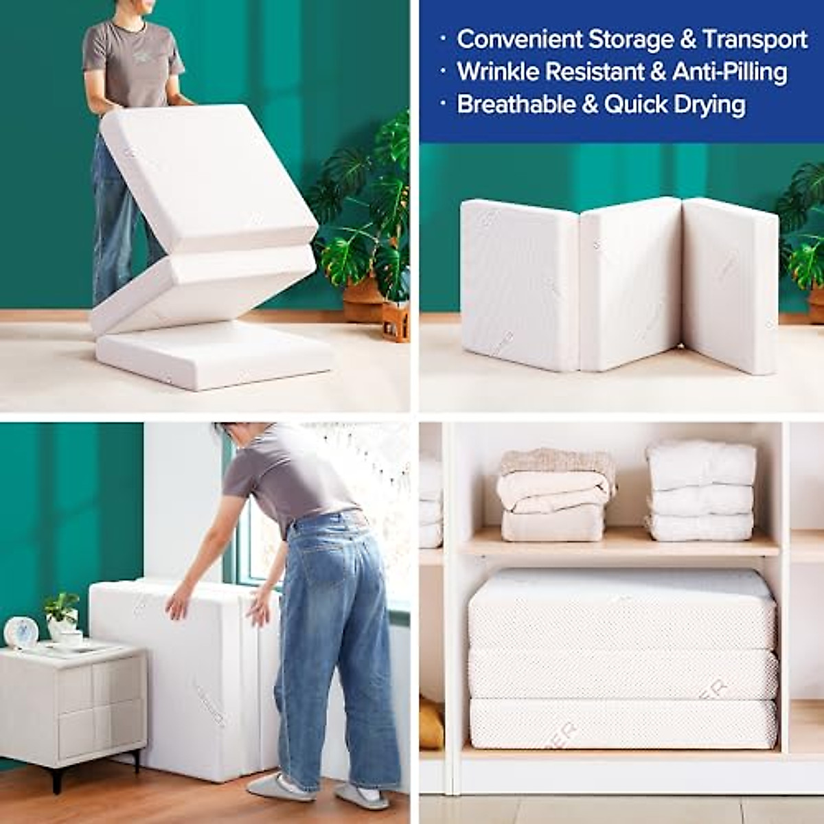 Olee Sleep Tri-Folding Antibacterial Memory Foam Mattress Topper, 4 Inch Copper Bamboo Gel Folding Mattress, Washable Cover, CertiPUR-US Certified, Soft, White, Single Size