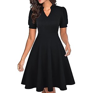 Mokayee Black Dresses for Womens 2025 Funeral Summer Short Sleeve Semi-Formal Knee Length Sunday Church Fit and Flare Flattering Business Casual Office Work Ladies Dress with Pockets M