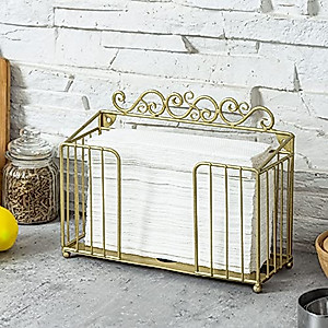 MyGift Vintage Brass Tone Metal Folded Paper Towel Holder with Scrollwork Design - Wall Mounted Trifold Z-Fold Disposable Napkin Dispenser Rack
