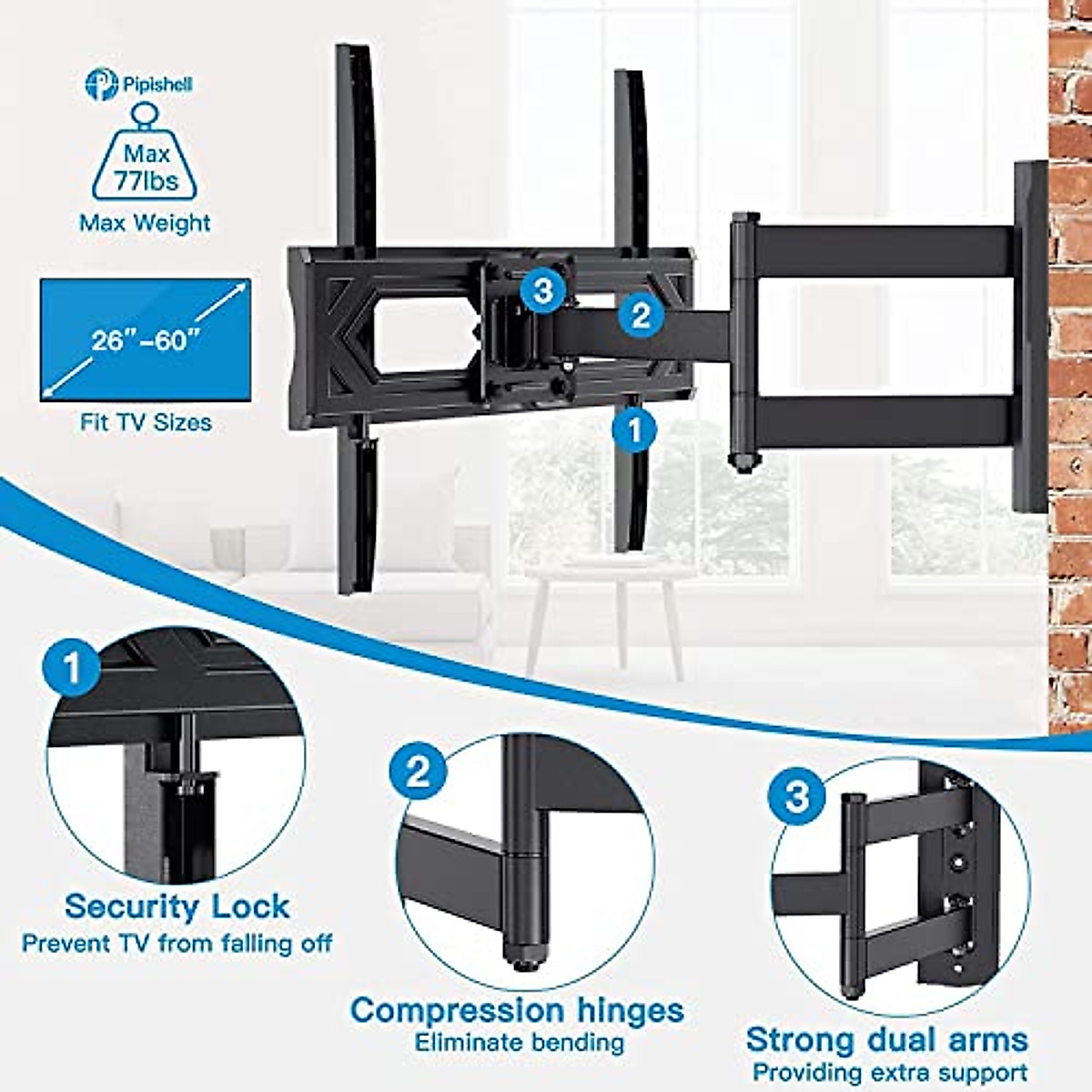 Pipishell Full Motion TV Wall Mount, Heavy Duty Single Articulating Arms TV Bracket for Most 26-60 Inch Flat Curved TVs, Up to VESA 400x400mm and 77lbs, Support Swivel, Tilt, Level Adjustment