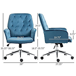 Vinsetto Modern Mid-Back Tufted Velvet Home Office Desk Chair with Adjustable Height, Swivel Adjustable Task Chair with Padded Armrests, Blue