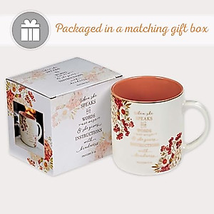 Christian Art Gifts Ceramic 14 oz Coffee and Tea Mug for Women When She Speaks - Proverbs 31:26 Pink/Red with Gold Metallic Floral, Lead-free and Cadmium-free Bible Verse Coffee Mug