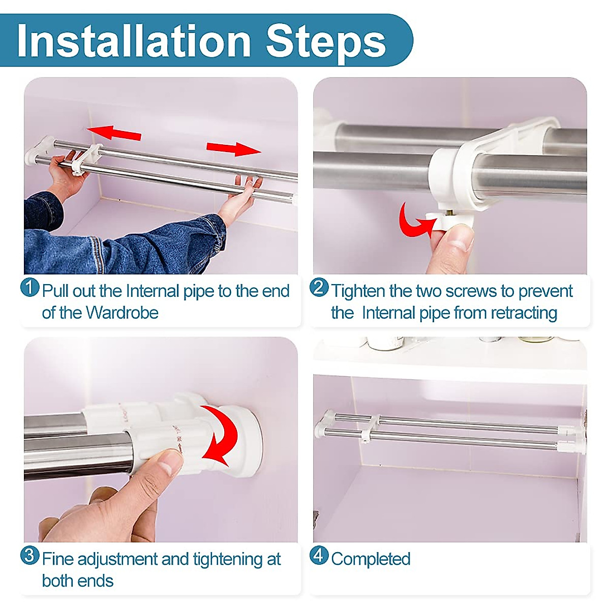 Hershii 2 Pack Expandable Closet Shelf Tension Rod Adjustable Metal Storage Rack Hanger Cabinet Organizer DIY Divider Separator for Wardrobe Cupboard Kitchen Bathroom, Ivory, 27.56-47.24 in
