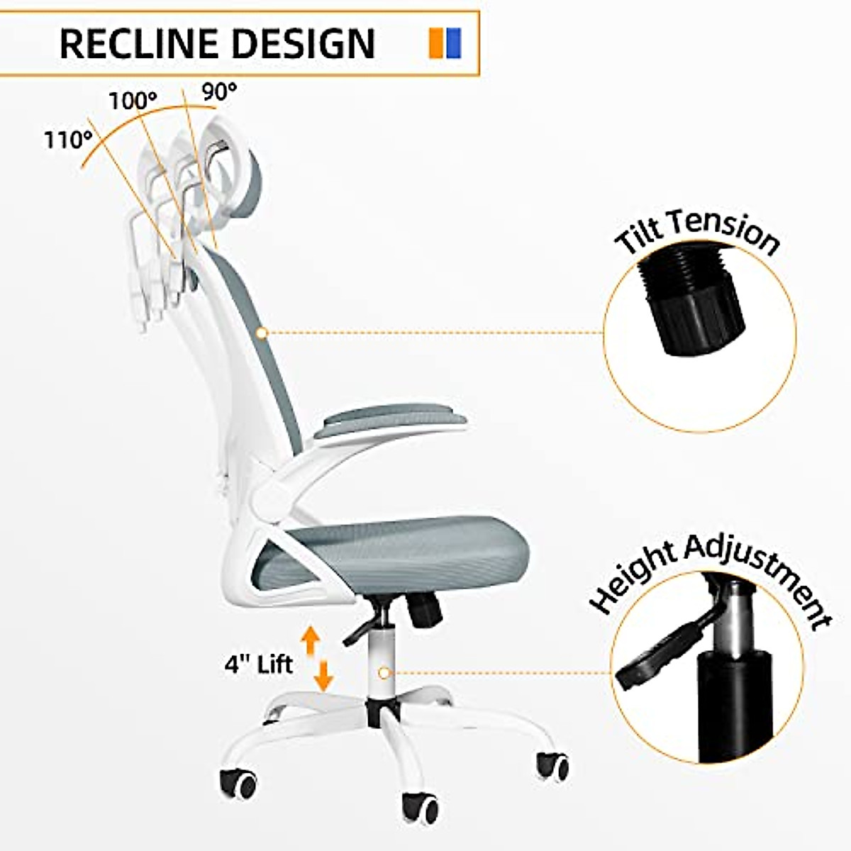MUZII Office Chair with Headrest, Mesh Office Chair, Ergonomic Mesh Office Chair with Lumbar Support, Desk Chair with Wheels, Task Chair with Arms Executive Office Chair for Home Office, Grey