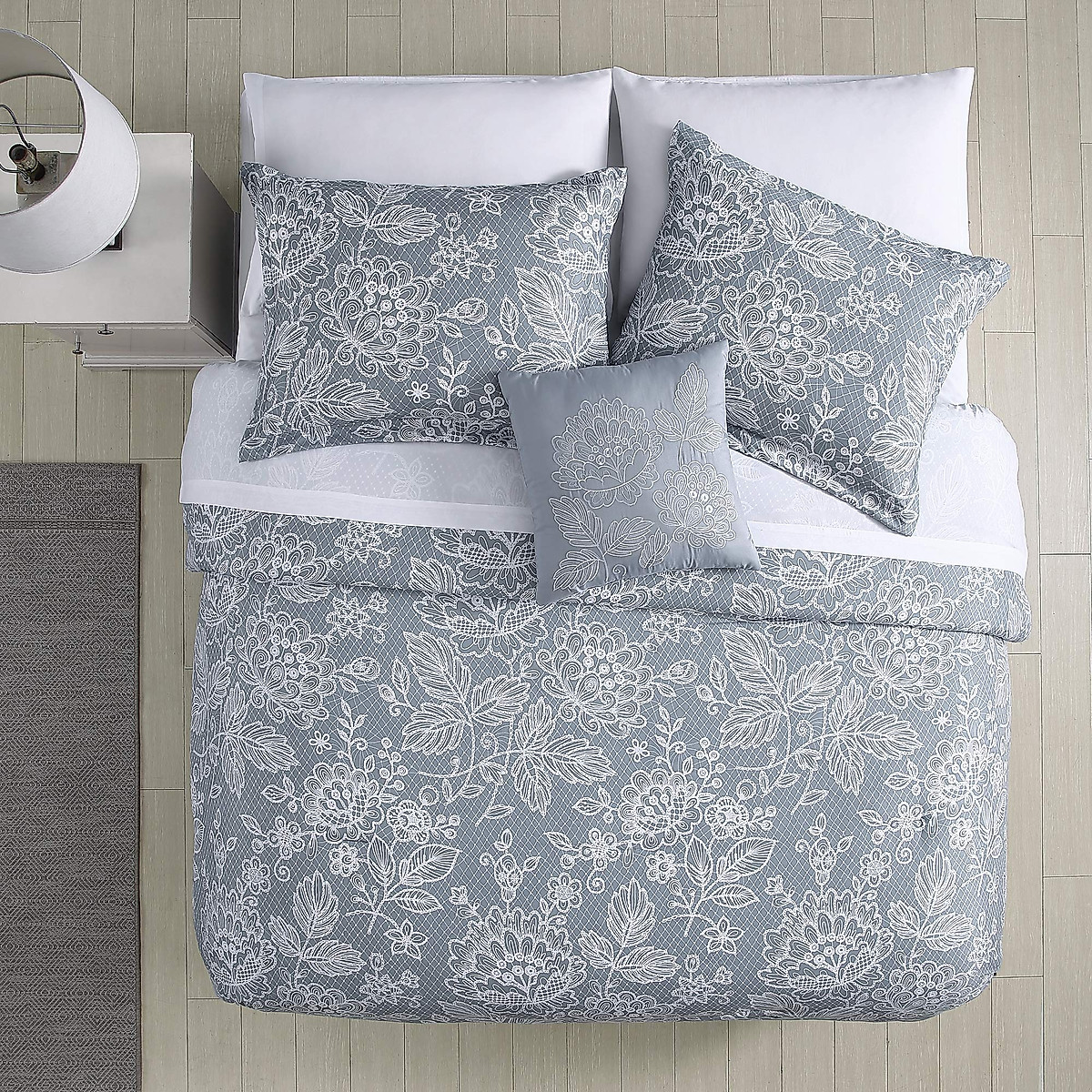 Amrapur Overseas | Olivia 8-Piece Printed Reversible Bed in a Bag (Silver Blue, Queen)