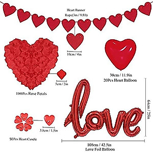 Valentines Day Decoration 1000 Red Rose Petals 50 Heart Candle 20 Heart Balloons LOVE Balloon for Anniversary Wedding Birthday Party Decor Romantic Decorations Special Night for Him Her