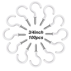 smseace 100pcs 3/4Inch White Ceiling Hooks Vinyl Coated Screw-in Hooks for Decorating Christmas Lights Hanger Hooks Outdoor Wire and Fairy Lights D-007-3/4