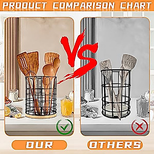 DeaLott Kitchen Utensil Holder for Countertop, 7.28'' Large Cooking Utensils Holder with Bamboo Base, Black Metal Wire Utensil Holder for Countertop, Kitchen Countertop Utensil Organizer