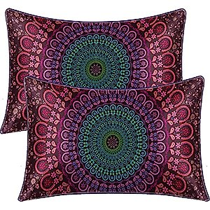 BlessLiving Satin Pillow Case for Women - 2 Pack Bohemian Standard(20''x26'') Mandala Pillowcase - Set of 2 Red Boho Silk Pillowcase with Envelope Closure