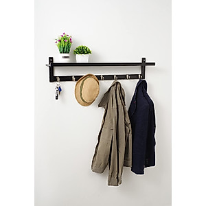 YourWoodStore Wall Mounted Coat Rack with Shelf, Floating Shelf, Black, Wooden, 7 Alloy Hooks, 35 Inch, Supports Conventional Stud Spacing(32Inch), Entryway Organizer, Key Holder