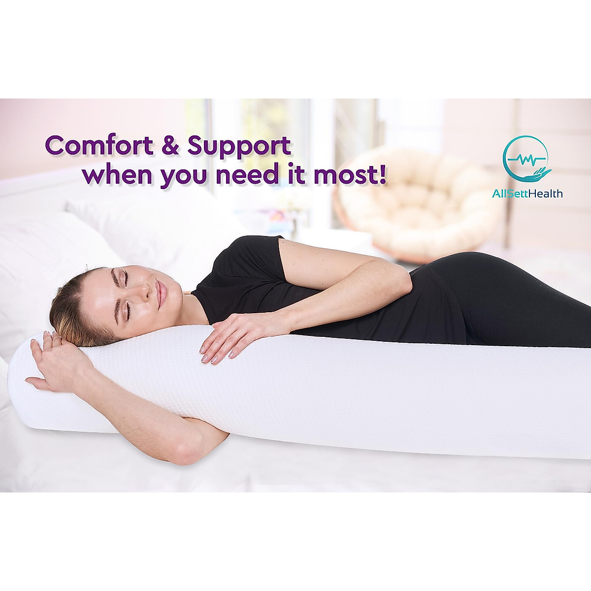 AllSett Health XXL Memory Foam Round Cervical Roll Cylinder Bolster Body Pillow with Removable Washable Cover | Ergonomically Designed Back, Neck and Spine Relief, 47” in Long x 7.5” Wide