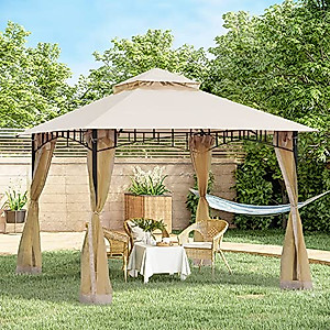 Outsunny 10' x 10' Outdoor Patio Gazebo Canopy Tent with Mesh Sidewalls, 2-Tier Canopy for Backyard, Beige