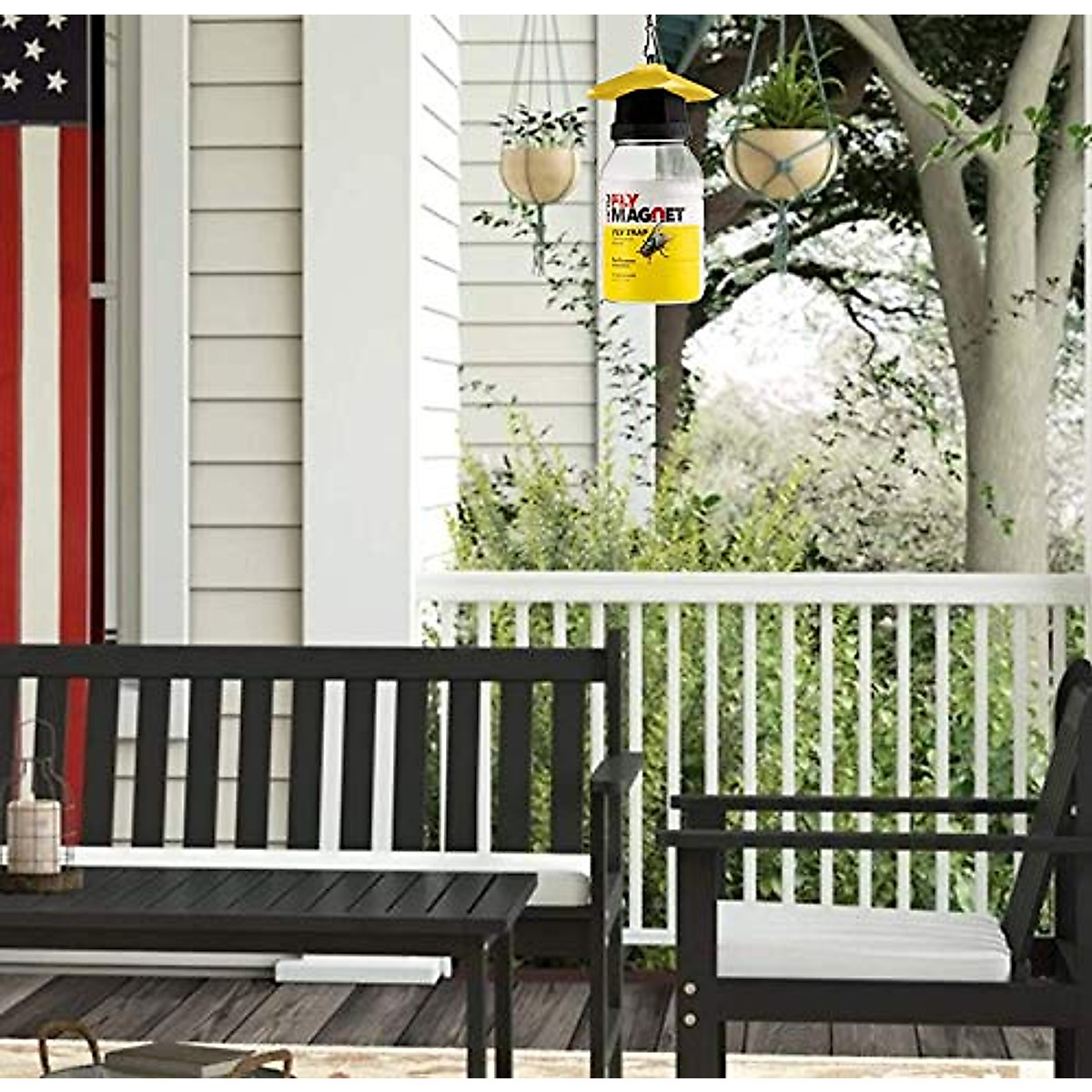 [Set of 3] Reusable Outdoor Fly Traps 32 oz - Fly Magnet Bait Trap - Made in USA - Bundled with 3 Bait Refills and 3 Hanging Chains