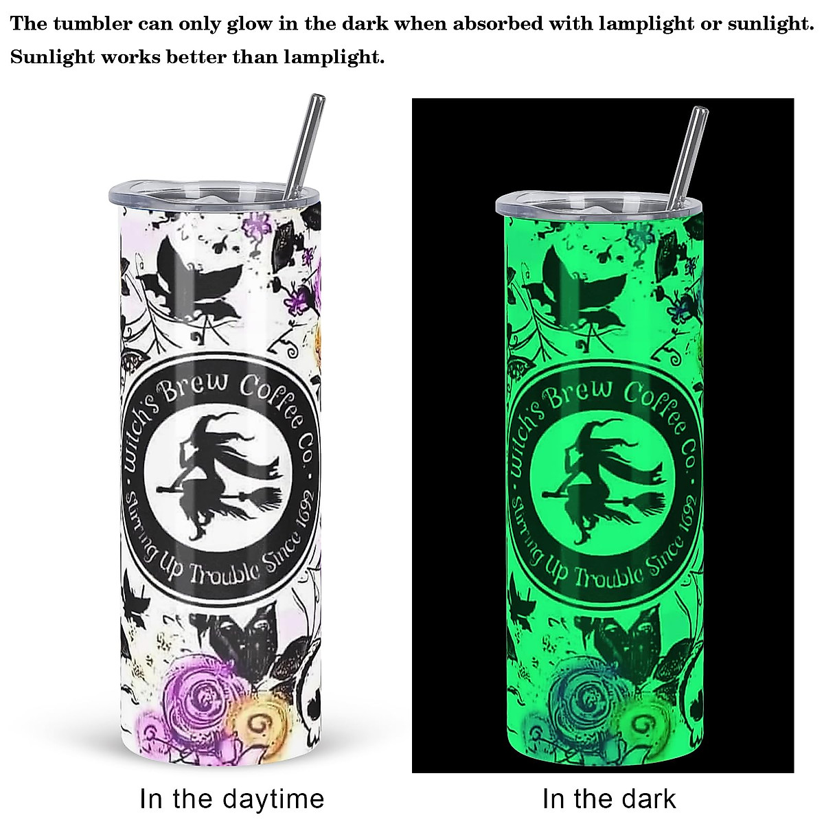 Tswofia 8 Pack Glow in the Dark Sublimation Tumblers 20 Oz Skinny Straight, Sublimation Blanks Tumbler Bulk Glow in the Dark, with Shrink Wrap Film Lid Straw Set, Individually Boxed