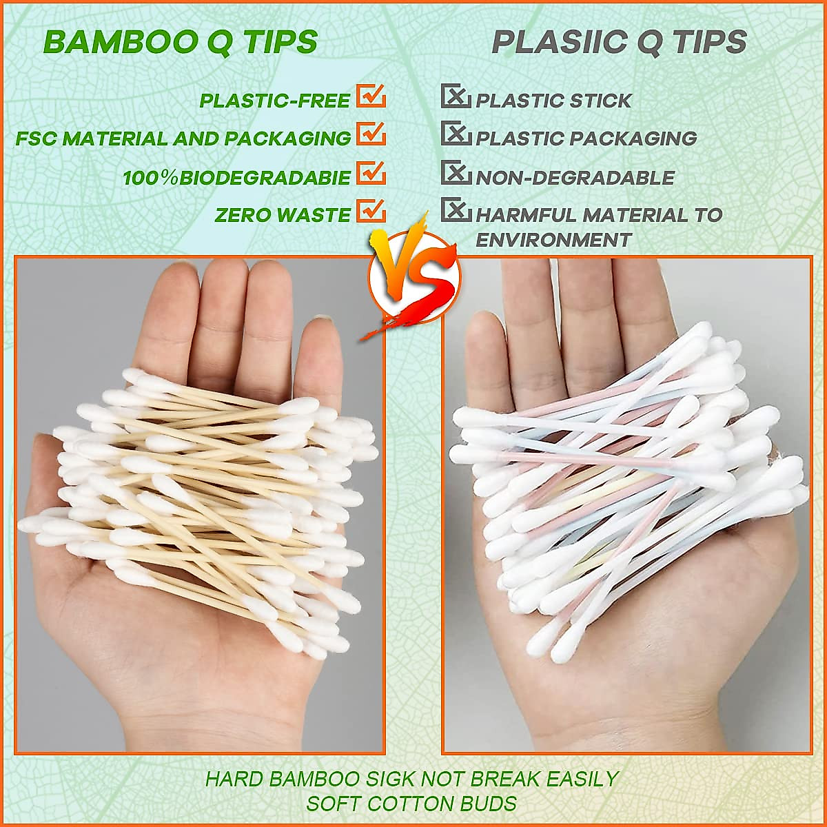 YADADA 500 Count Organic Cotton Swabs - Biodegradable Bamboo Sticks, Natural Cotton Buds with Pointed and Rounded Tips for Ear Cleaning