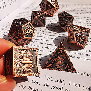 MJDICEOK Metal Dice Dragon Set 7 DND Role Playing Dice D&D Solid Dice Ancient Red Copper