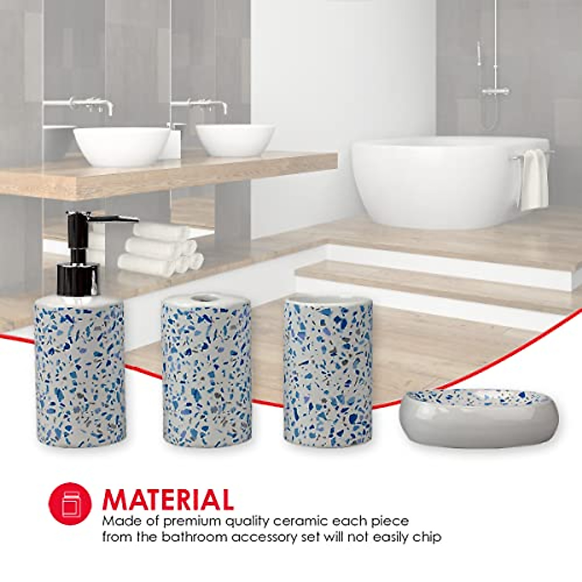 Home Basics, Blue Trendy Terrazzo 4 Piece Ceramic Bath Accessory Set