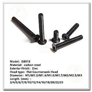 100pcs M2.5×4mm Black Carbon Steel Phillips Cross Countersunk Head (Flat Head) Screws Bolts GB819