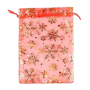 SUNGULF 100pcs Organza Pouch Bag Drawstring Gift Bags (Red Gold Snowflake, 5x7 Inch)