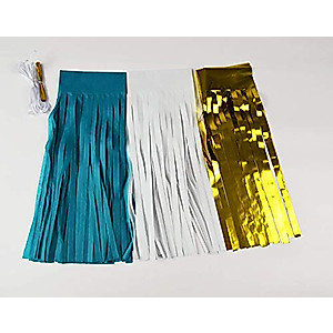 HappyField Teal White Gold Tissue Paper Tassel Garland for Birthday Party, Hen Party, Bridal Shower, Baby Shower, Wedding, Bachelorette, Table Decor Event & Party Decorations, DIY Kits