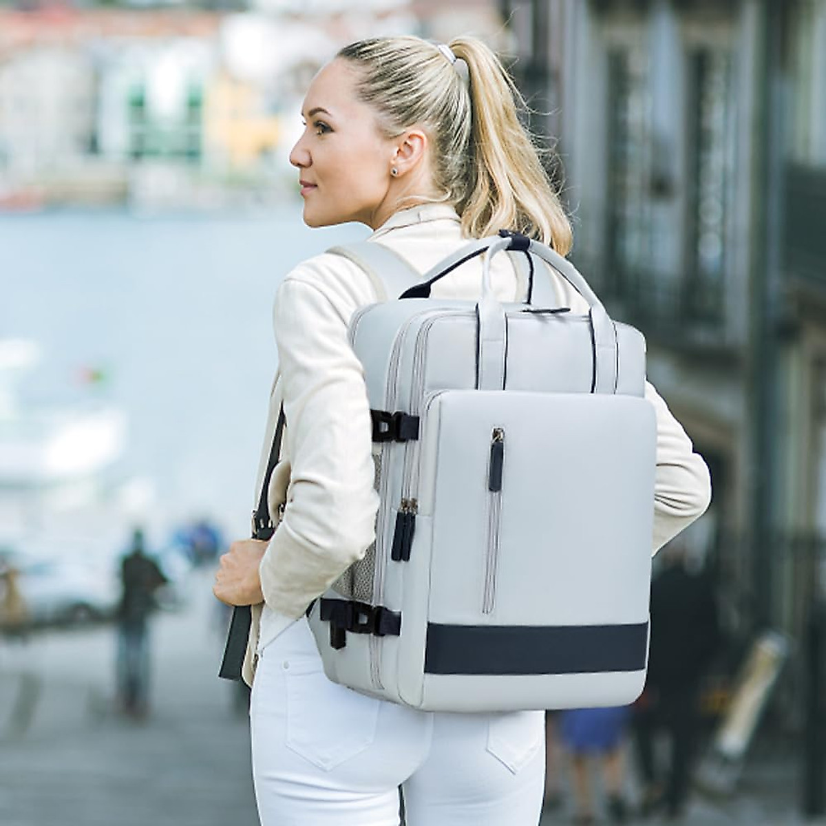 InduSKY Large Travel Backpack for Women, 40L Carry On Backpack Airline Flight Approved with USB Charging Port Shoes Compartment, Personal Luggage Backpack Casual Daypack 15.6 Inch Laptop Backpack