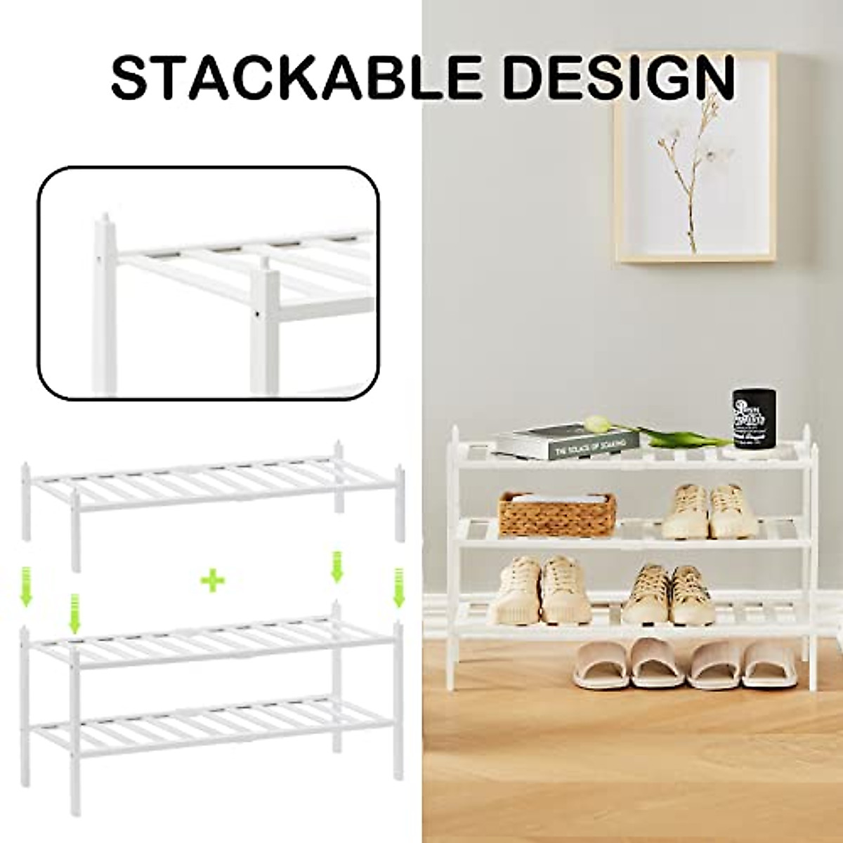 Quiqear Bamboo Shoe Rack, 3 Tier Shoe Rack Organizer, Stackable & Durable Shoe Shelf Holder, Free Standing Shoe Racks, Shoe Storage Organizer for Entryway, Closet, Hallway, 27.2*11*18.3inch (White)