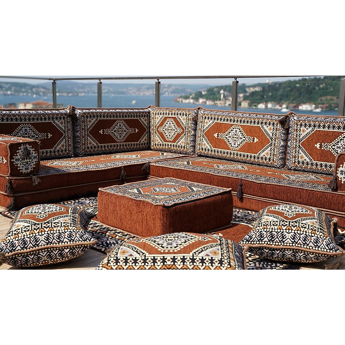 Brown Floor Cushions, Modern Arabic Majlis Set, Floor Sofa Set, Ethnic Sofa, Arabic Jalsa, Moroccan Sofa, Sectional Sofa with Ottoman, Sleeper Sofa (L Sofa + Rug + Poufs)