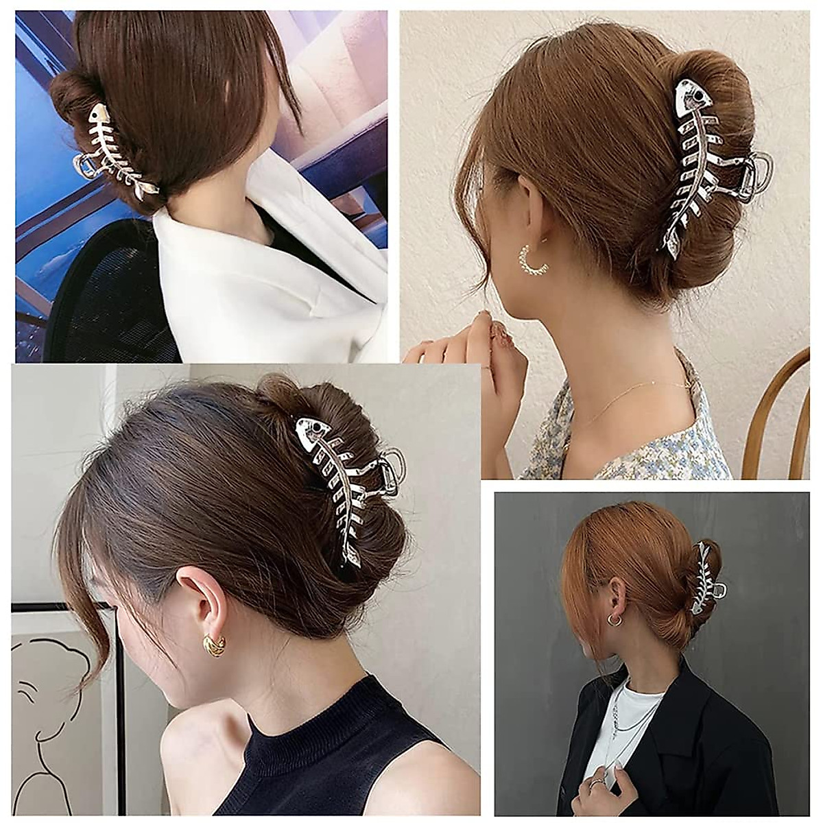 1Pcs Sliver Fish Bone Hair Clips Large Metal Fishbone Hair Claw Clips Fashion Geometry Hair Clamps Crabs for Women Thick and Thin Tortoise Strong Hold Hair Styling Hair Accessories