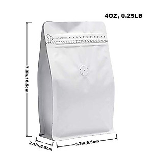50 Pieces 4 Ounce White Kraft Paper Coffee Bags, Stand Up Coffee Pouches with One Way Degassing Valve and Reusable Side Zipper (Pull Tab to Open) Flat Bottom - Stand Up Well (4oz, 0.25lb, 100gram)