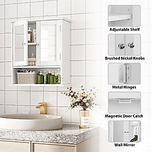 Mino Kesper Bathroom Wall Cabinet with Mirror, White Bathroom Cabinet with 2 Doors and Adjustable Shelf, Wall Mounted, 21.5" W x 7.8" D x 23.6" H